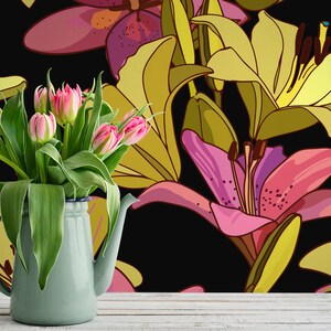 Pink and Yellow Lilies Pattern Wallpaper || Peel and Stick Floral Wall ...
