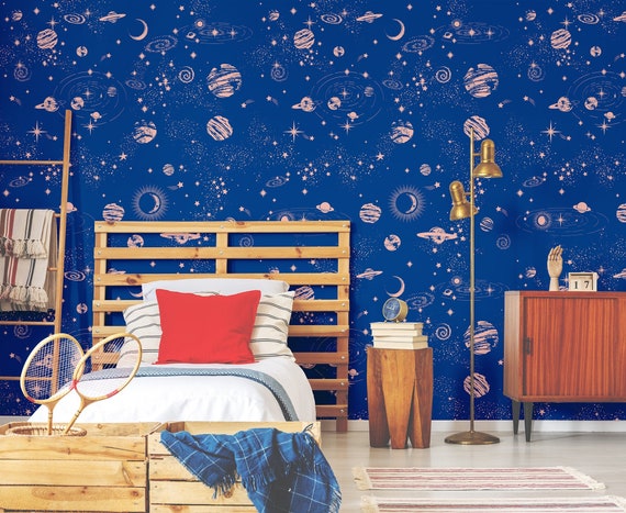 Blue Astro Wallpaper With Planets and Galaxies Self Adhesive | Etsy