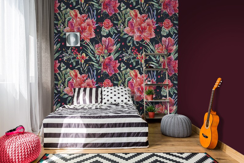 Watercolor Wallpaper With Red Exotic Flowers and Leaves, Self Adhesive ...