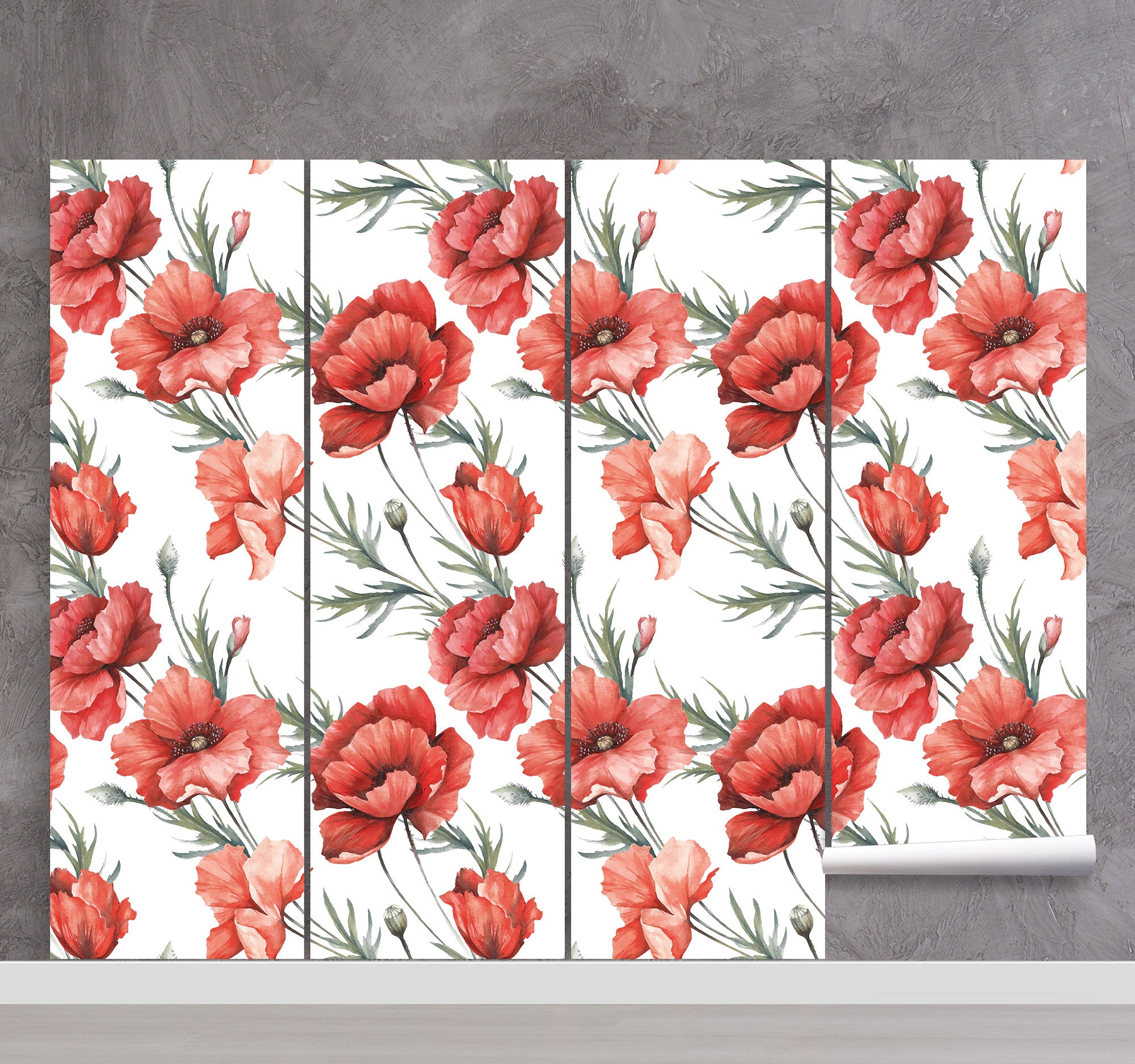 Watercolor Wallpaper With Poppy Field Flower Self Adhesive - Etsy