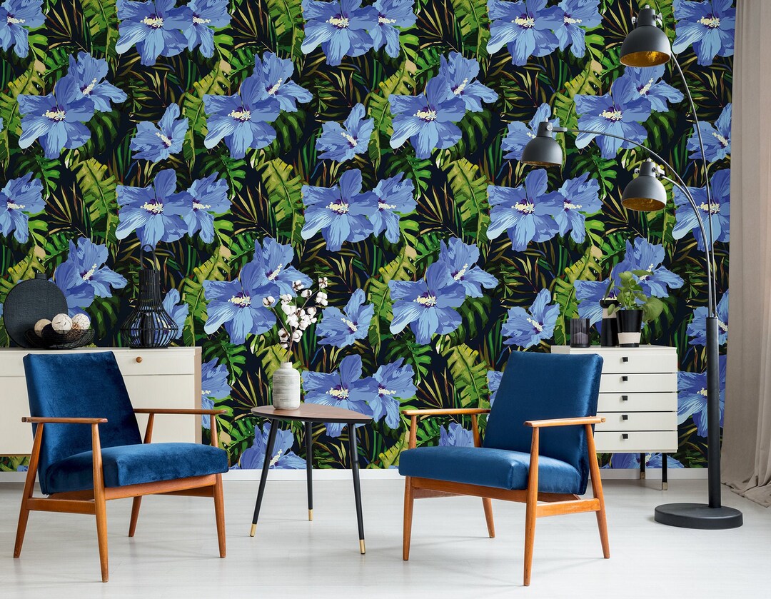 Tropical Blue Flower Pattern Wallpaper || Peel and Stick Floral Wall ...