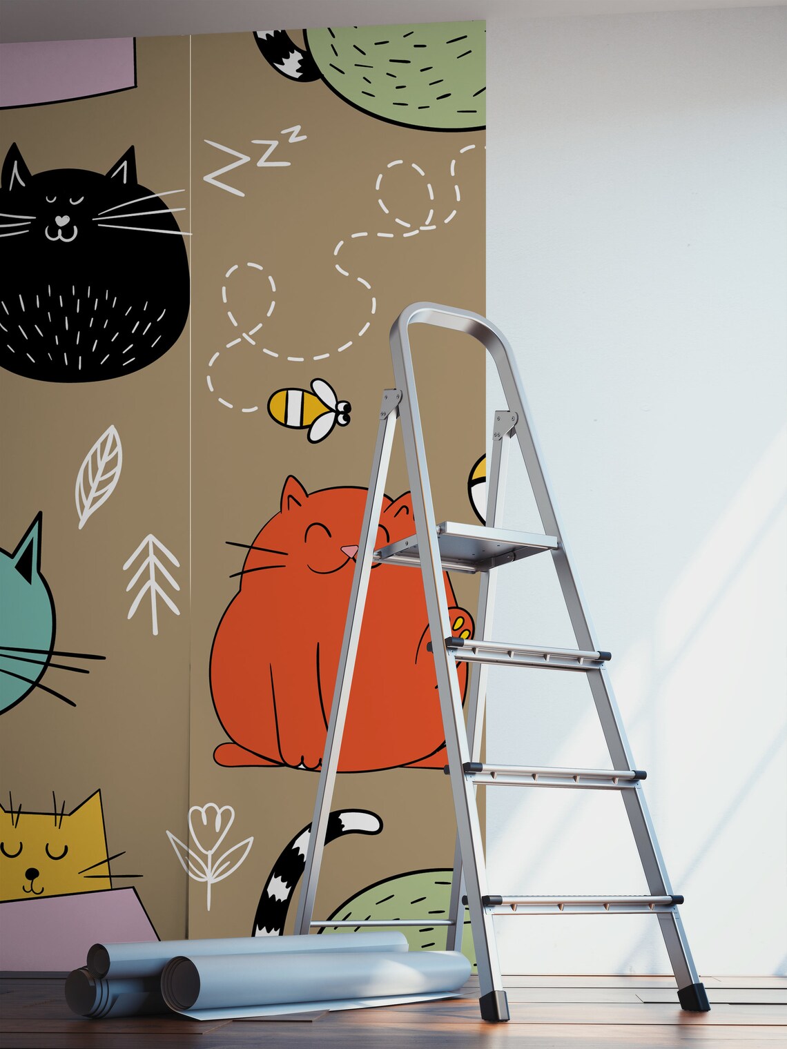 Light Brown Wallpaper With Funny Cartoon Cats for Kids - Etsy