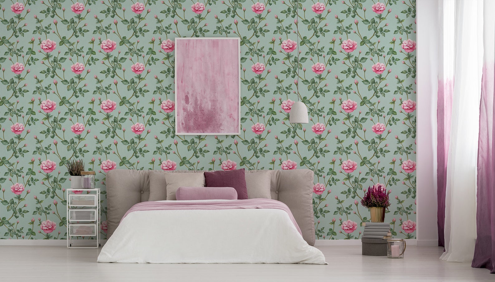 Mint Green Wallpaper With Beautiful Pink Blooming Roses | Etsy