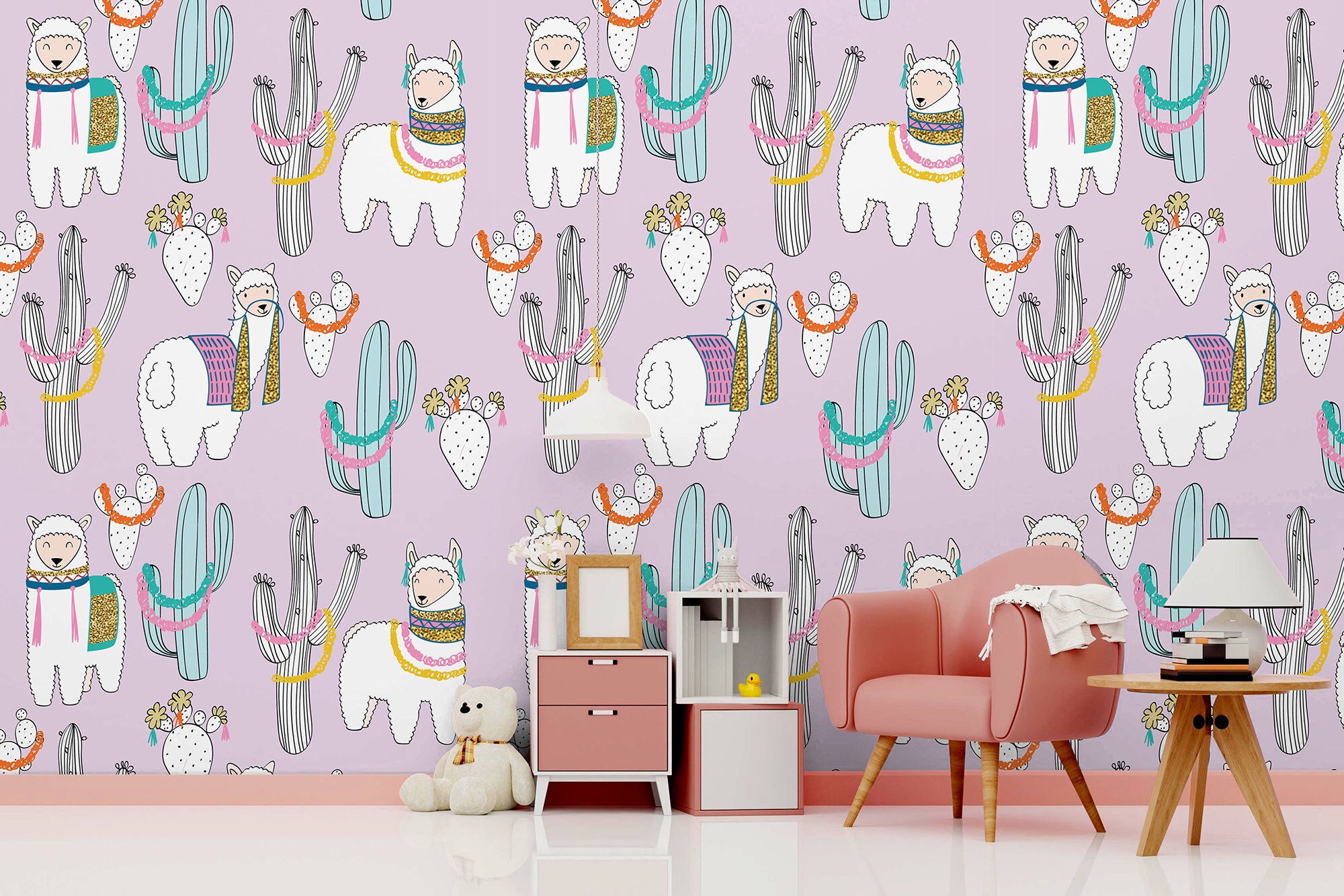 Lilac Wallpaper With Alpacas and Cactuses || for Kids, Self Adhesive ...
