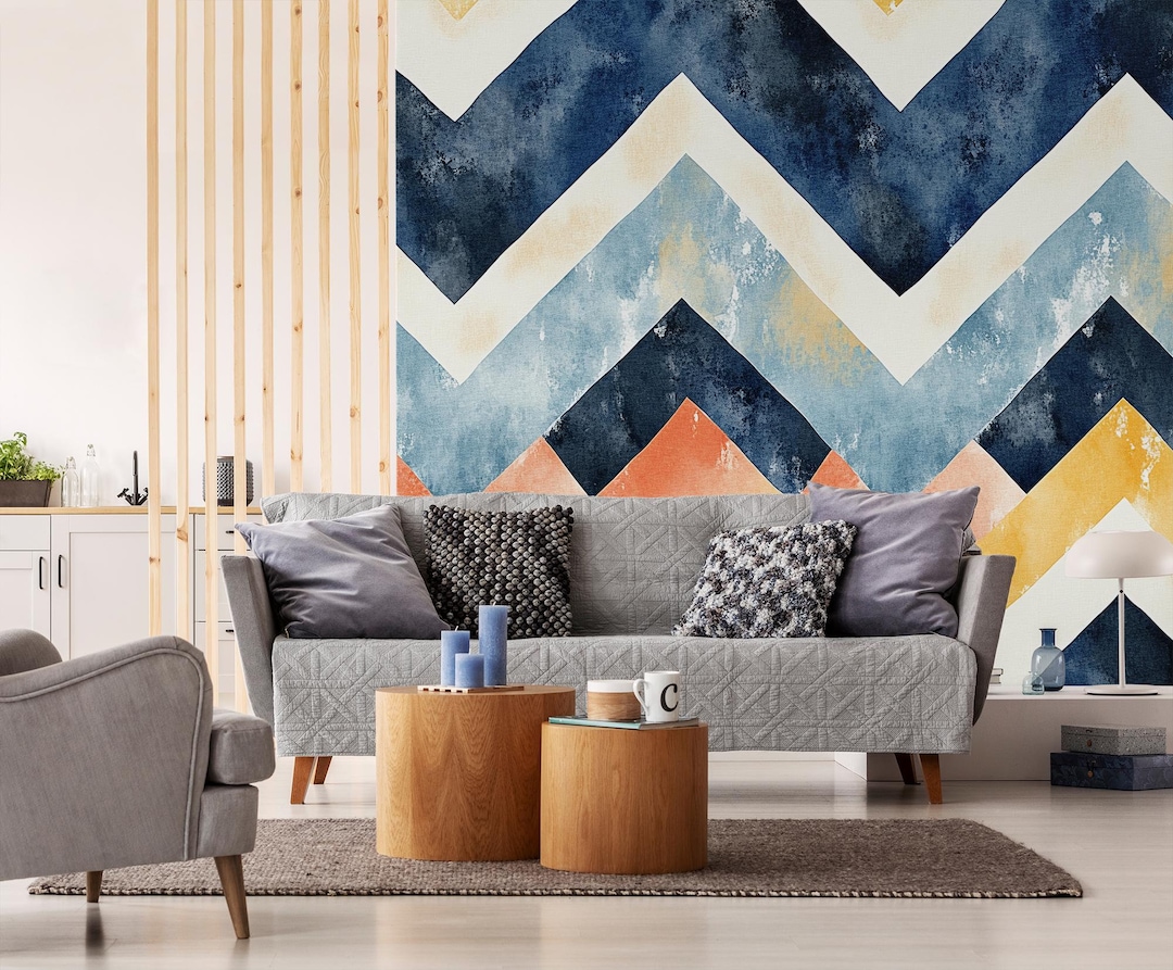 Zig Zag Wallpaper, Geometric Watercolor Wall Mural • Peel and Stick *self Adhesive* or Non ...