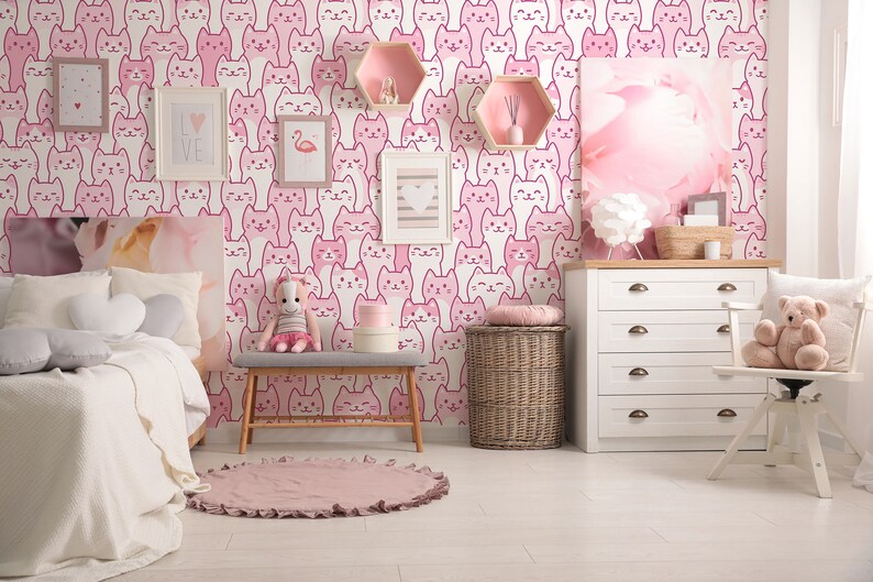 Cute Pink Cat Pattern, Girls Room Wallpaper, Nursery Wall Mural, Animal ...