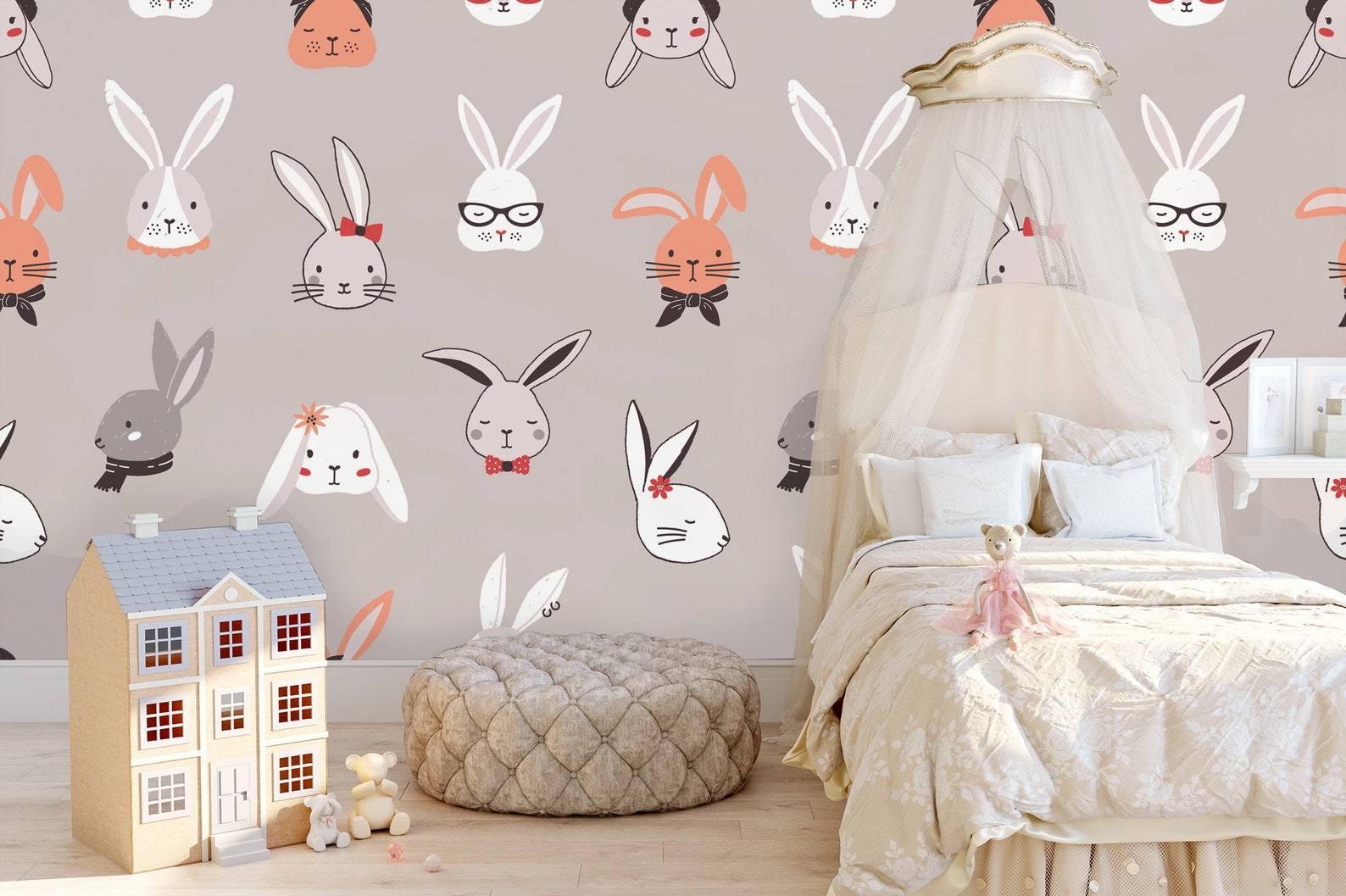 Gray Wallpaper With Cute Bunny Pattern for Kids Self | Etsy
