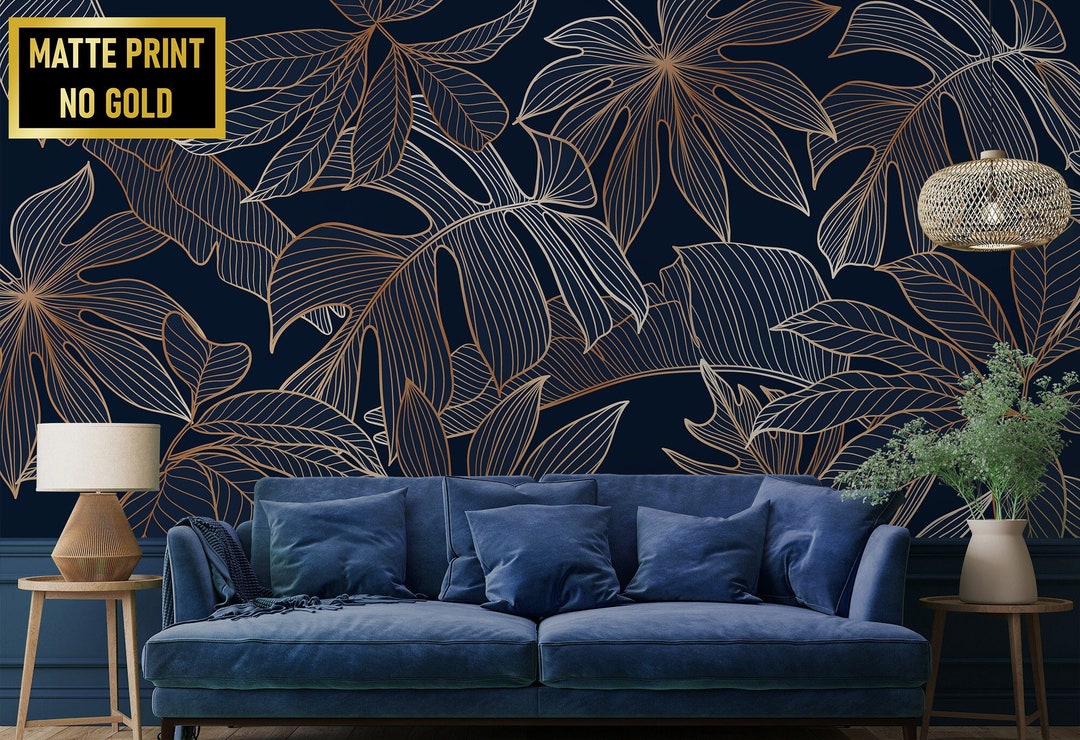 Dark Navy Tropical Leaves Wallpaper, Monstera, Banana Leaf, Fan Palm ...