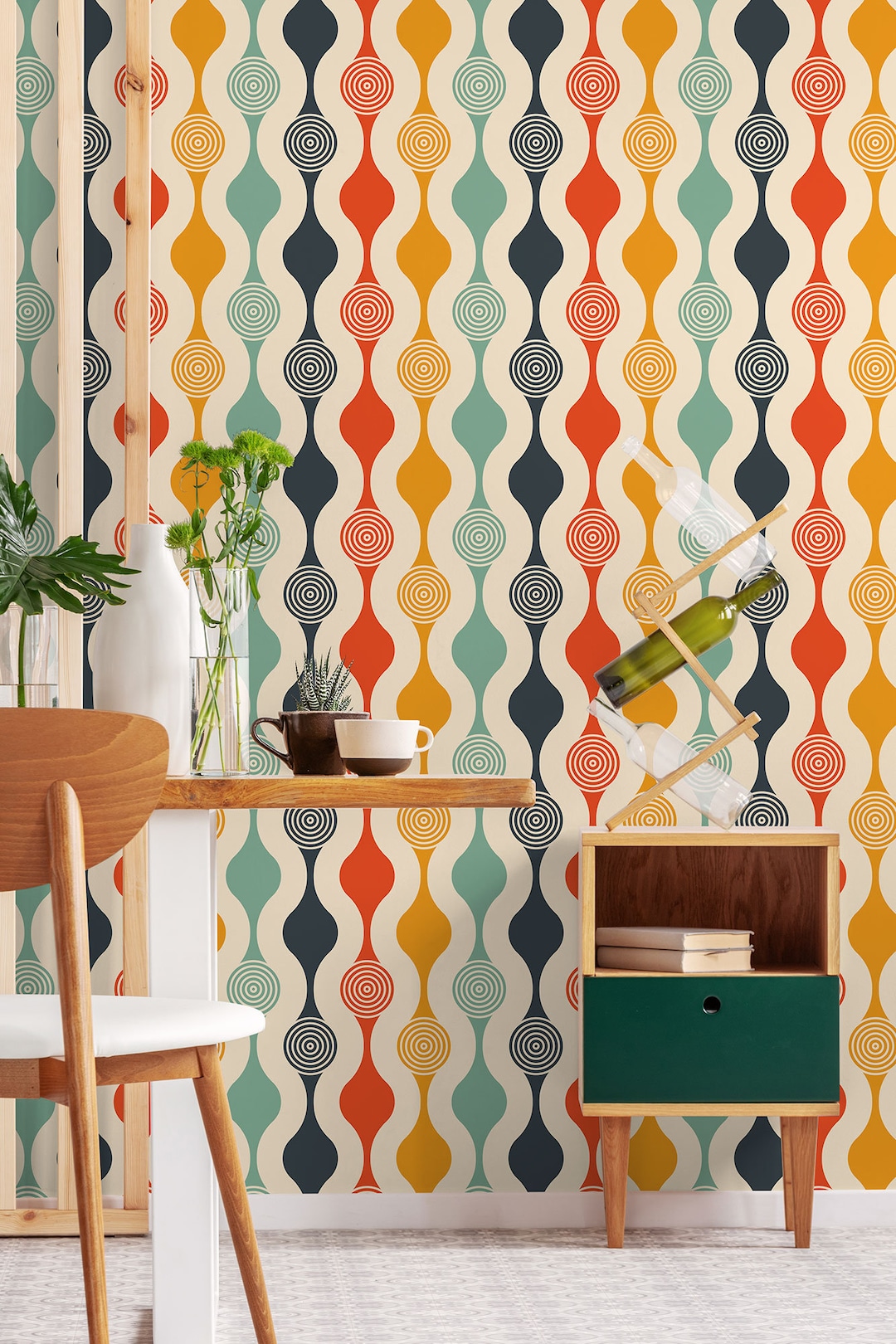 Retro 70s Circles & Lines Geometric Wallpaper, Funky Vintage Wall Mural ...
