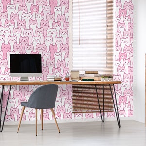 Cute Pink Cat Pattern, Girls Room Wallpaper, Nursery Wall Mural, Animal ...
