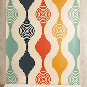 Retro 70s Circles & Lines Geometric Wallpaper, Funky Vintage Wall Mural ...