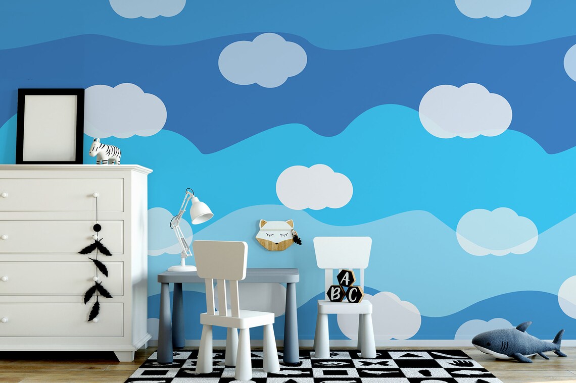 Vector Wallpaper With Blue Sky and Clouds for Kids Self - Etsy