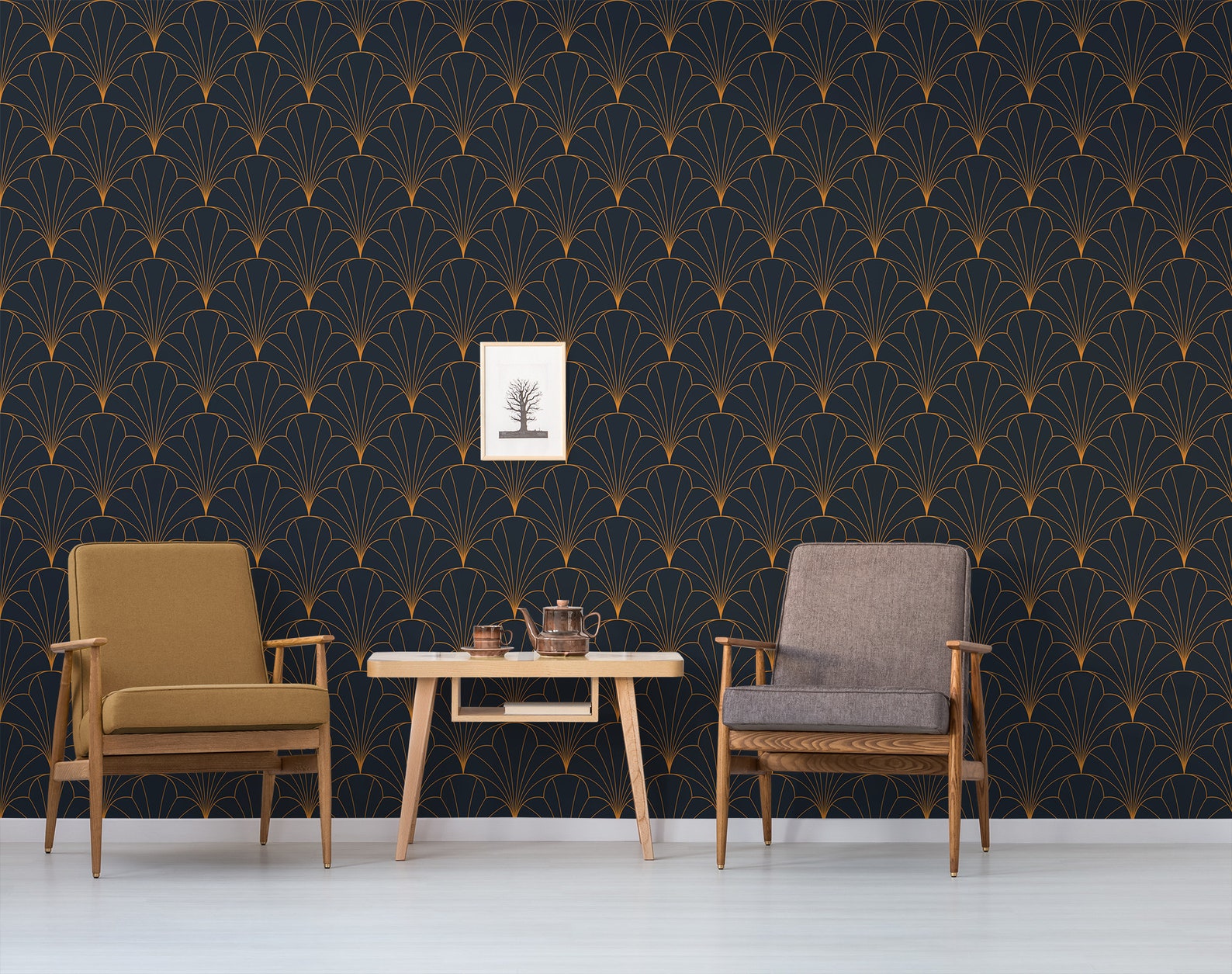 Navy and Yellow Art Deco Geometric Pattern Wallpaper, Self Adhesive ...