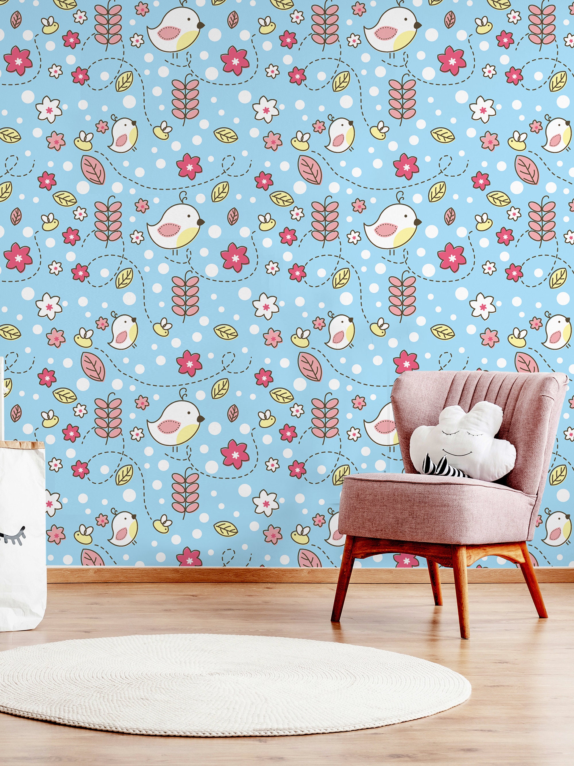 Blue and Pink Wallpaper With Flowers and Birds for Kids Self | Etsy