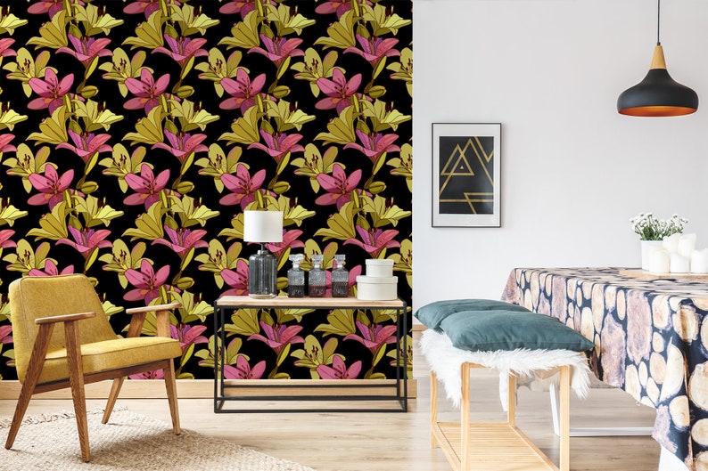 Pink and Yellow Lilies Pattern Wallpaper || Peel and Stick Floral Wall ...