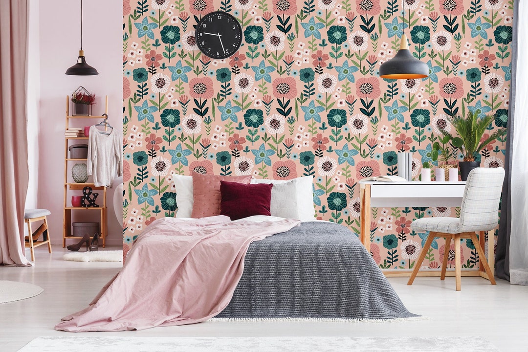 Pink and Blue Cartoon Floral Pattern Wallpaper, Self Adhesive, Peel and ...