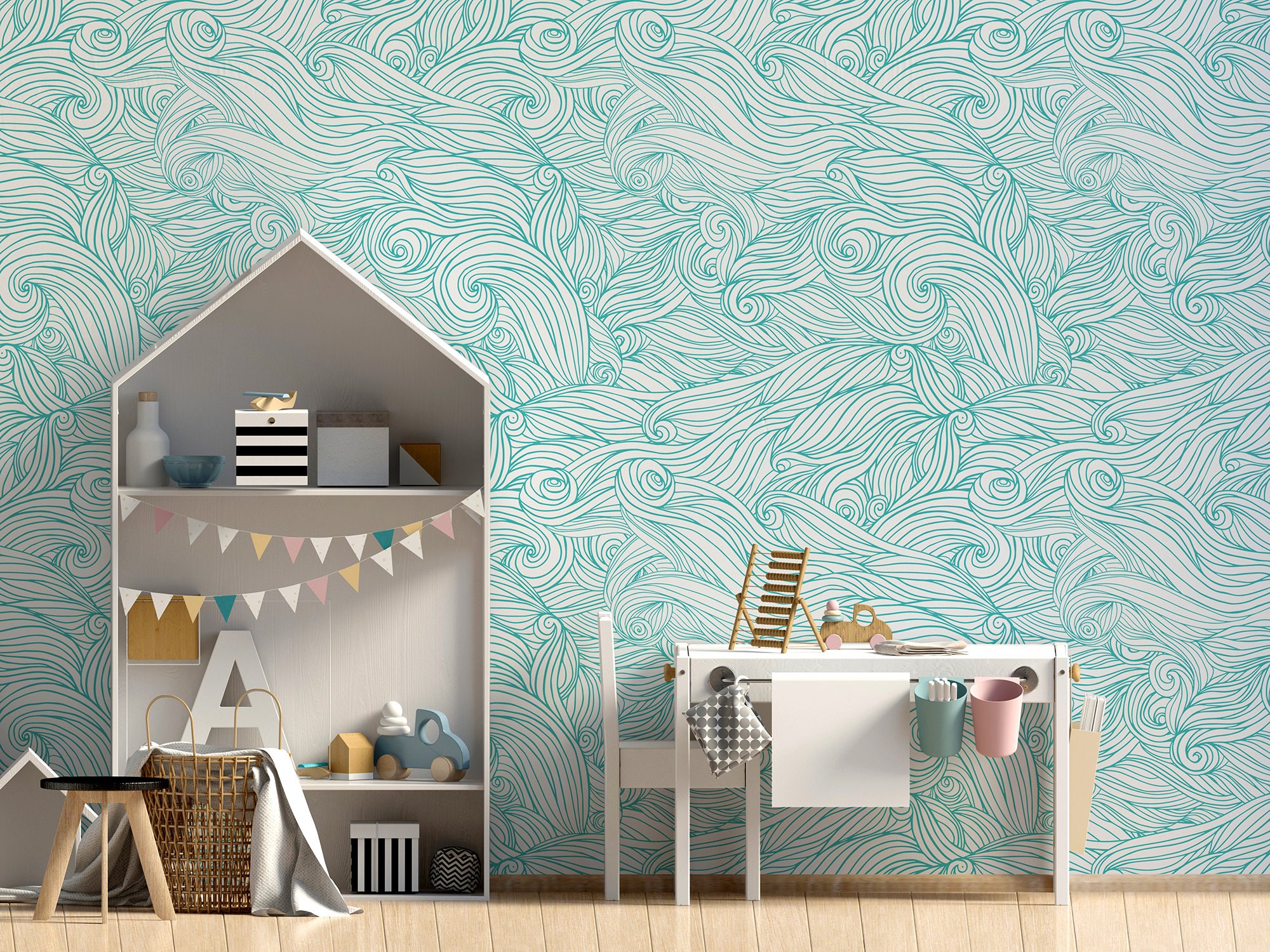 Beautiful Blue Abstract Sea Waves Wallpaper for Kids Self - Etsy