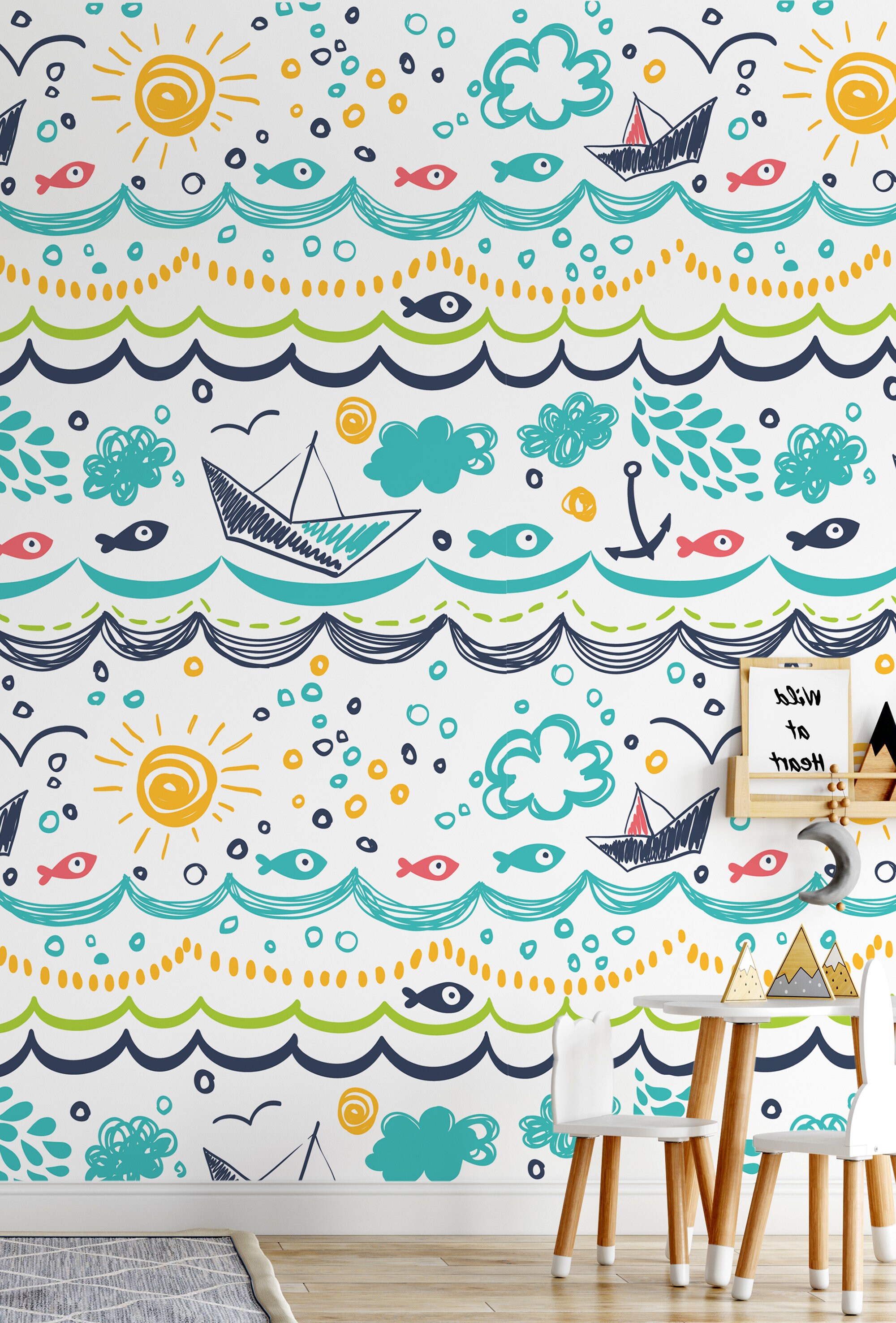 Cartoon Marine Wallpaper With Ships and Fishes, for Kids, Self Adhesive ...