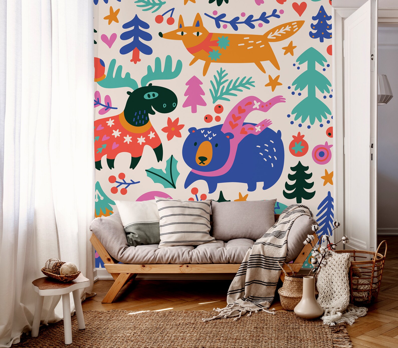 Colorful Woodland Wallpaper With Animals for Kids Self - Etsy