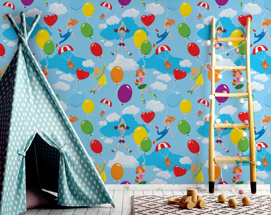 Blue Abstract Wallpaper With Girls and Balloons for Kids | Etsy