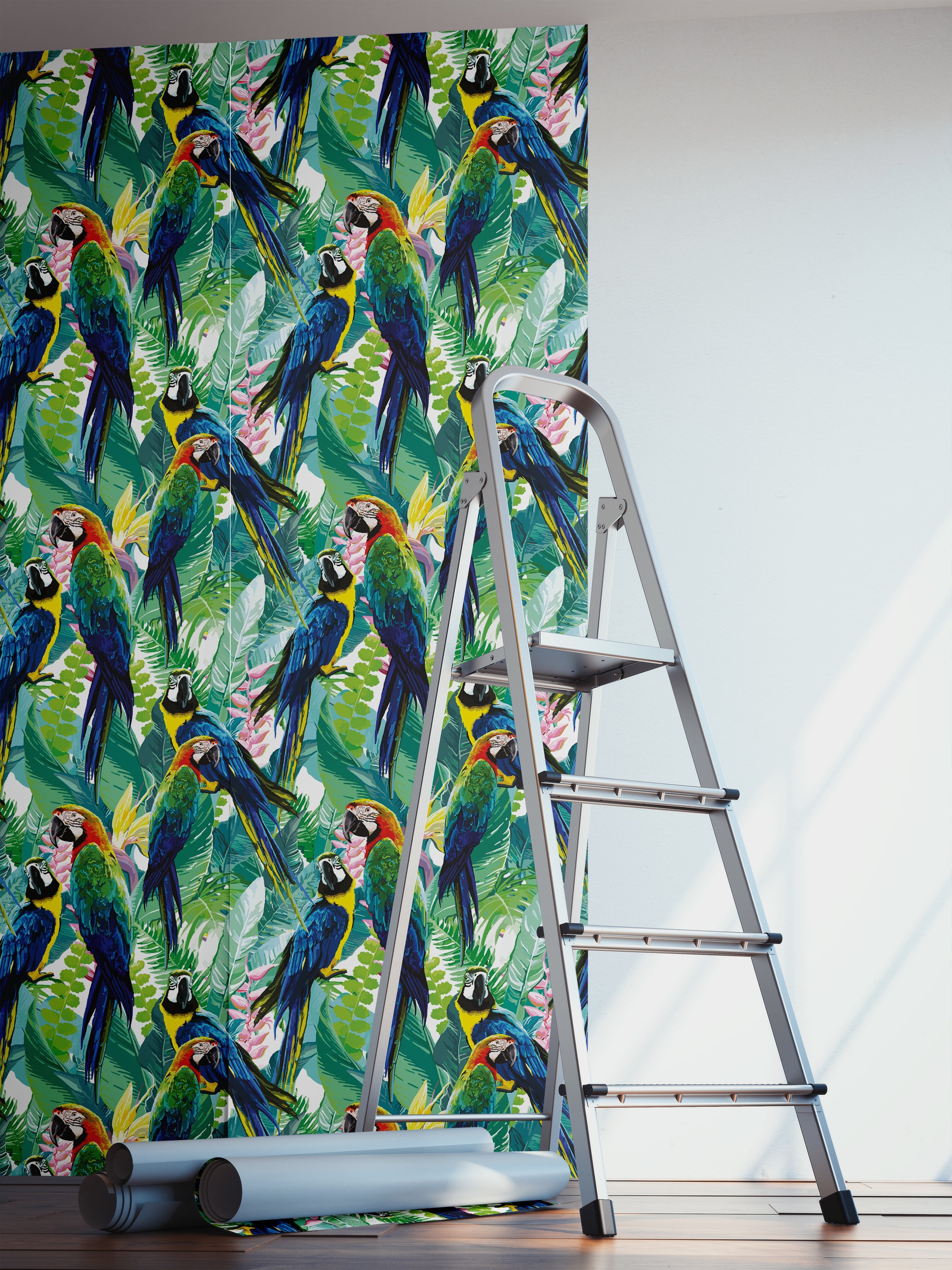 Green Wallpaper With Parrot Pattern, Self Adhesive, Peel and Stick Wall ...
