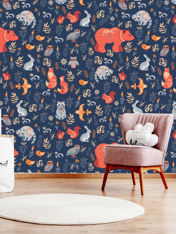 Blue Wallpaper With Elegant Forest Animal Pattern for Kids - Etsy