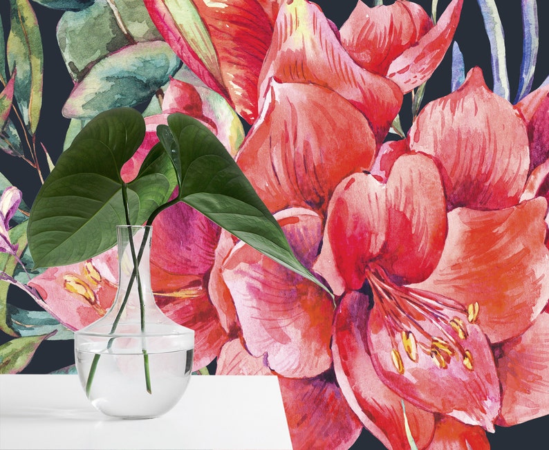 Watercolor Wallpaper With Red Exotic Flowers and Leaves, Self Adhesive ...