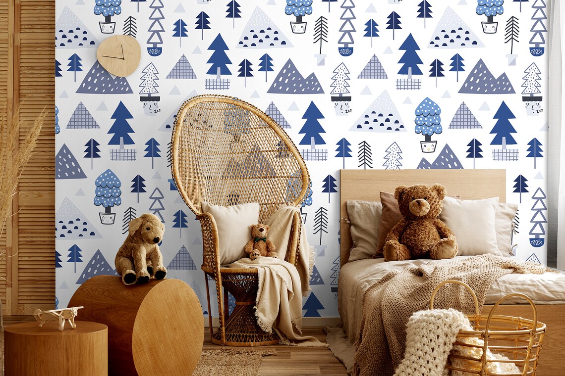 White Wallpaper With Blue Tree Pattern for Kids Self - Etsy