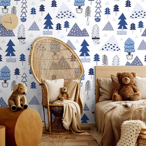 White Wallpaper With Blue Tree Pattern for Kids Self - Etsy