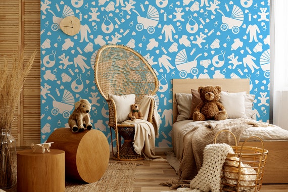 Blue Wallpaper With Baby Pattern Self Adhesive Peel and | Etsy