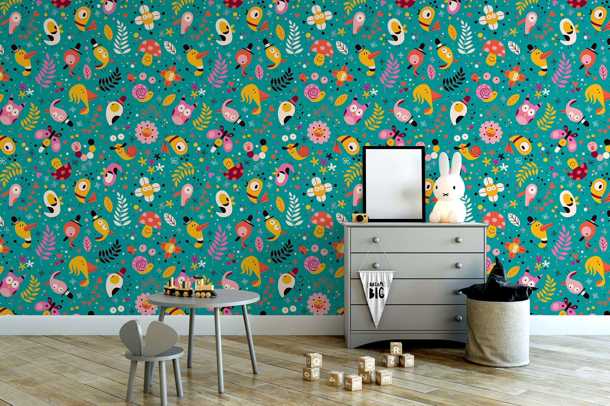 Blue Wallpaper With Colorful Cartoon Floral and Animal Pattern || for ...