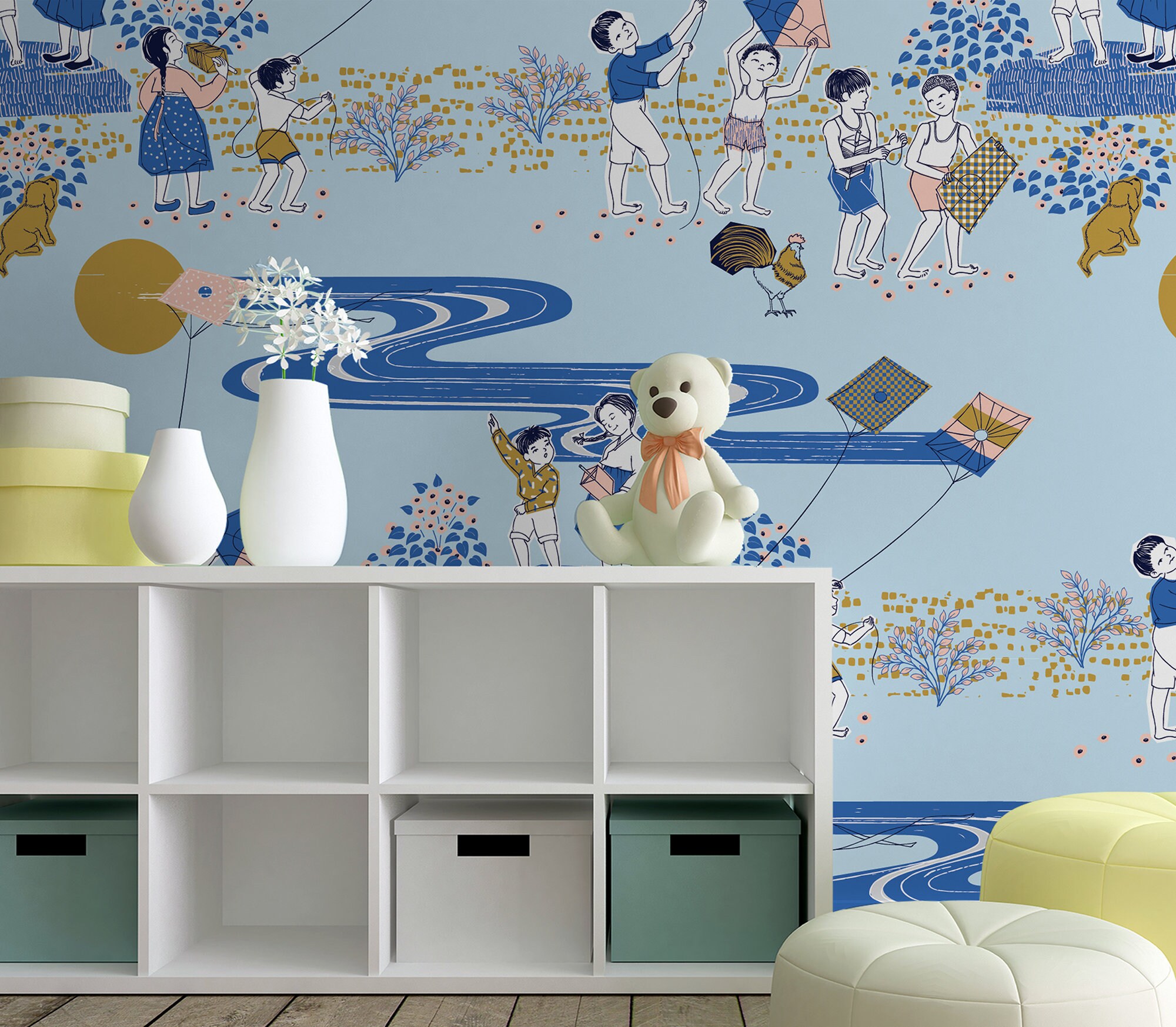 Blue Wallpaper With Kids Flying a Kite at the River for - Etsy