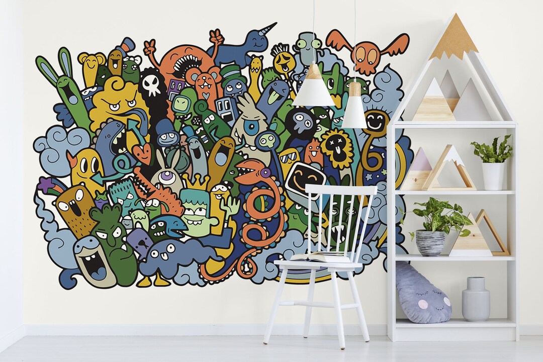 Wallpaper With Colorful Monsters, Wallpaper for Kids, Self Adhesive ...