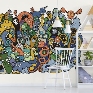 Wallpaper With Colorful Monsters, Wallpaper for Kids, Self Adhesive ...