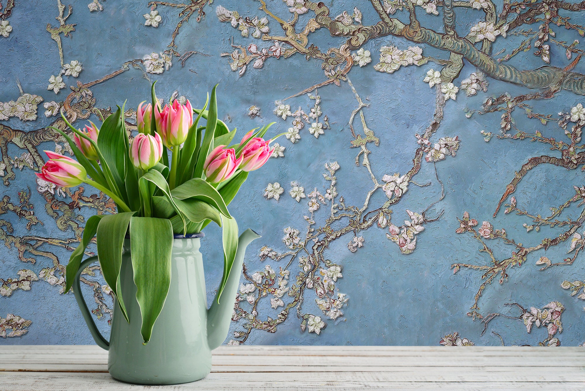 Blue Wallpaper With Blooming Cherry Flowers, Self Adhesive, Peel and ...