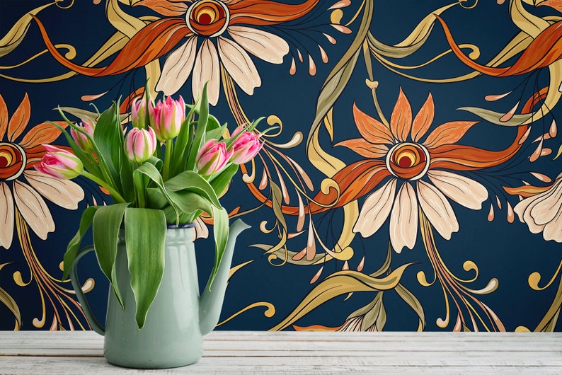 Blue Wallpaper With Elegant Orange Floral Pattern Self - Etsy