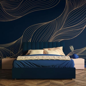 Dark Blue Art Deco Wallpaper With Abstract Yellow Wavy Pattern Peel and ...