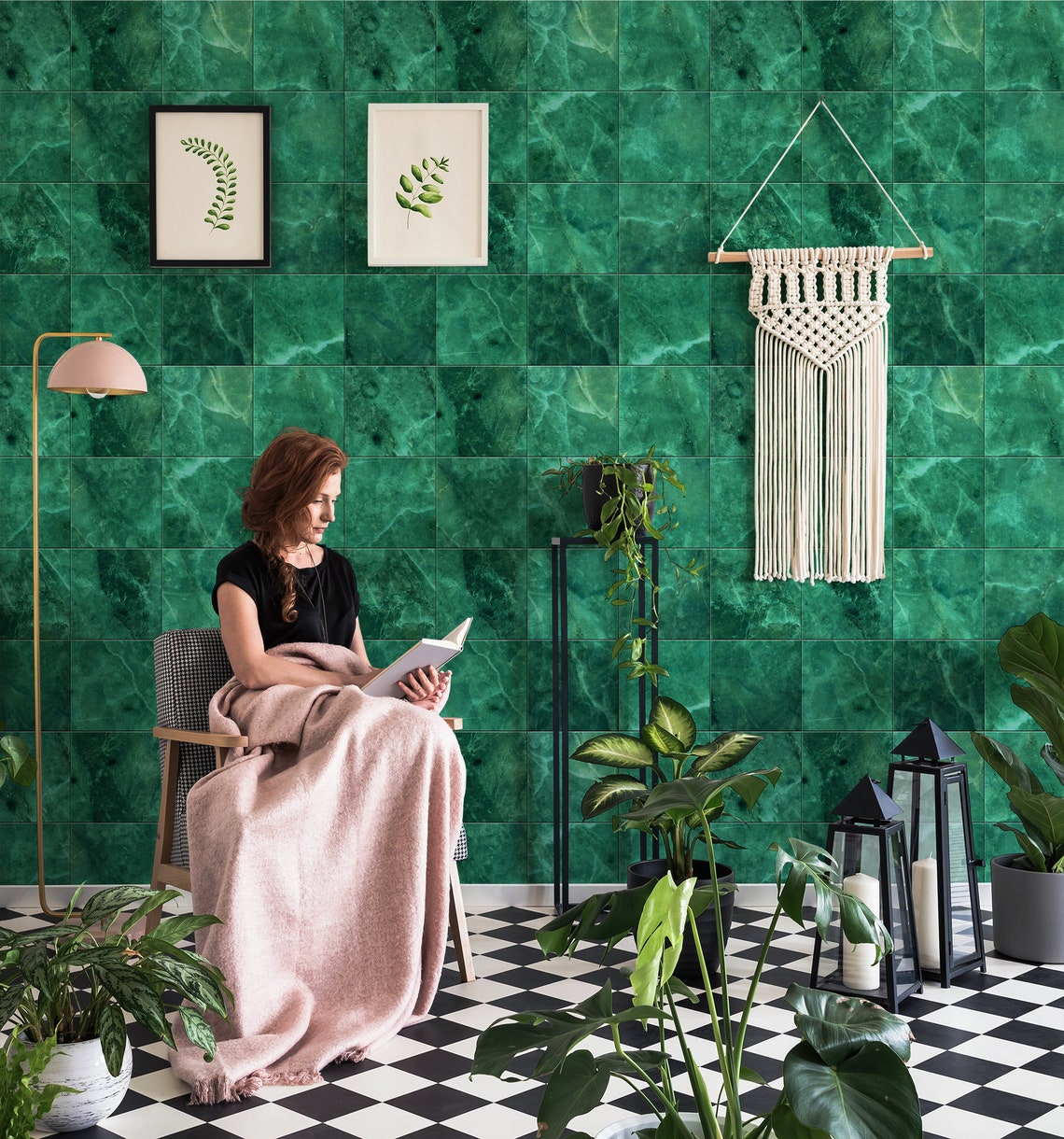 Emerald Green Marbled Tile Pattern Wallpaper || Self Adhesive, Peel and ...