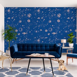 Blue Astro Wallpaper With Planets and Galaxies, Self Adhesive, Peel and ...
