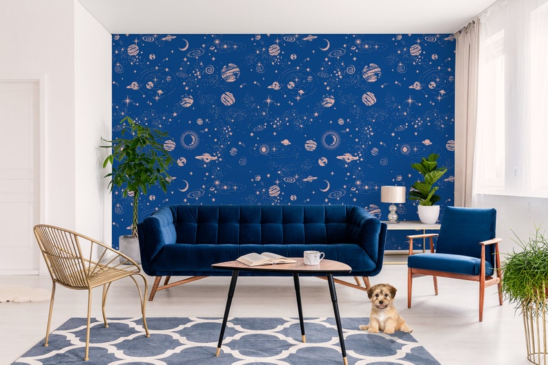 Blue Astro Wallpaper With Planets and Galaxies Self Adhesive - Etsy