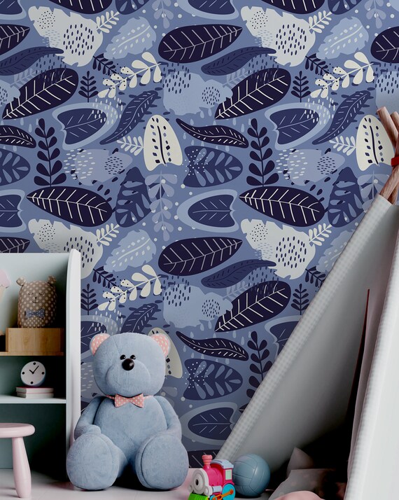 Blue Abstract Cartoon Wallpaper With Exotic Leaves for | Etsy