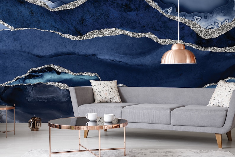 Navy and Silver Matte Agate Surface Wallpaper, Dark Stone Mural (no ...