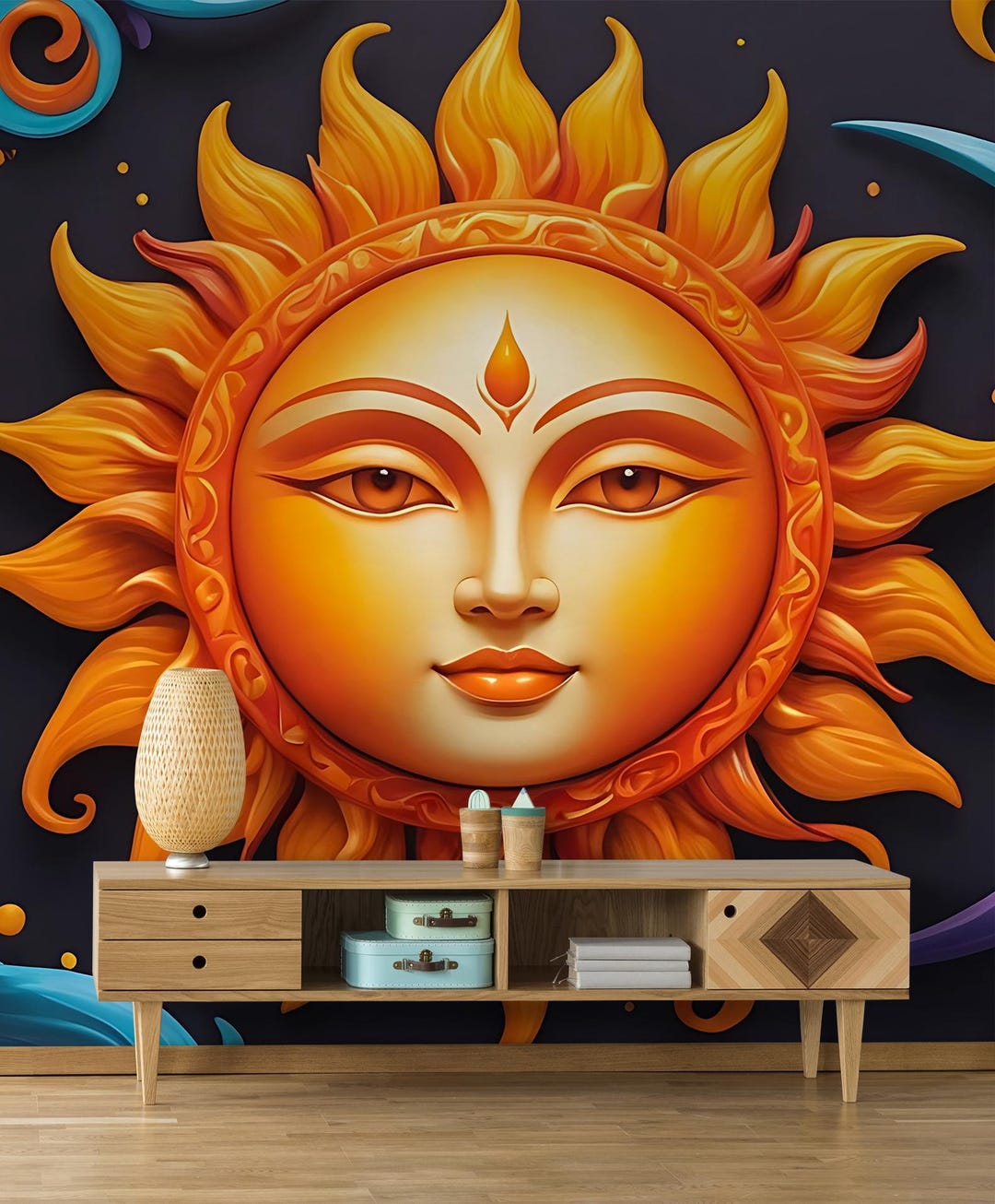 Colorful Sun and Moon Wallpaper, Modern Universe Wall Mural • Peel and ...