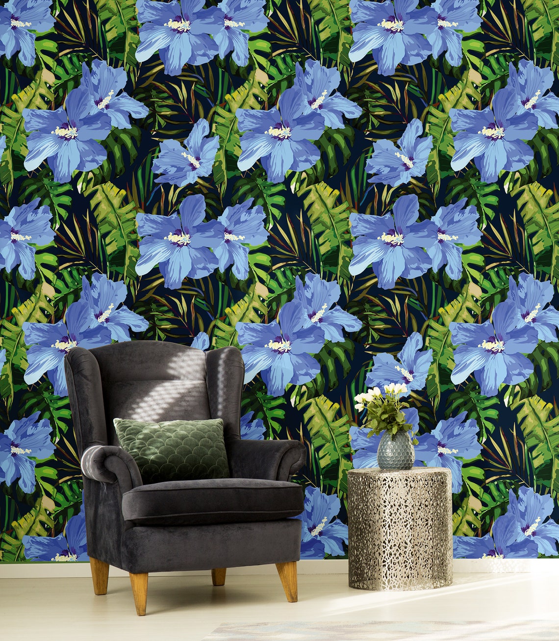Tropical Blue Flower Pattern Wallpaper Peel and Stick - Etsy