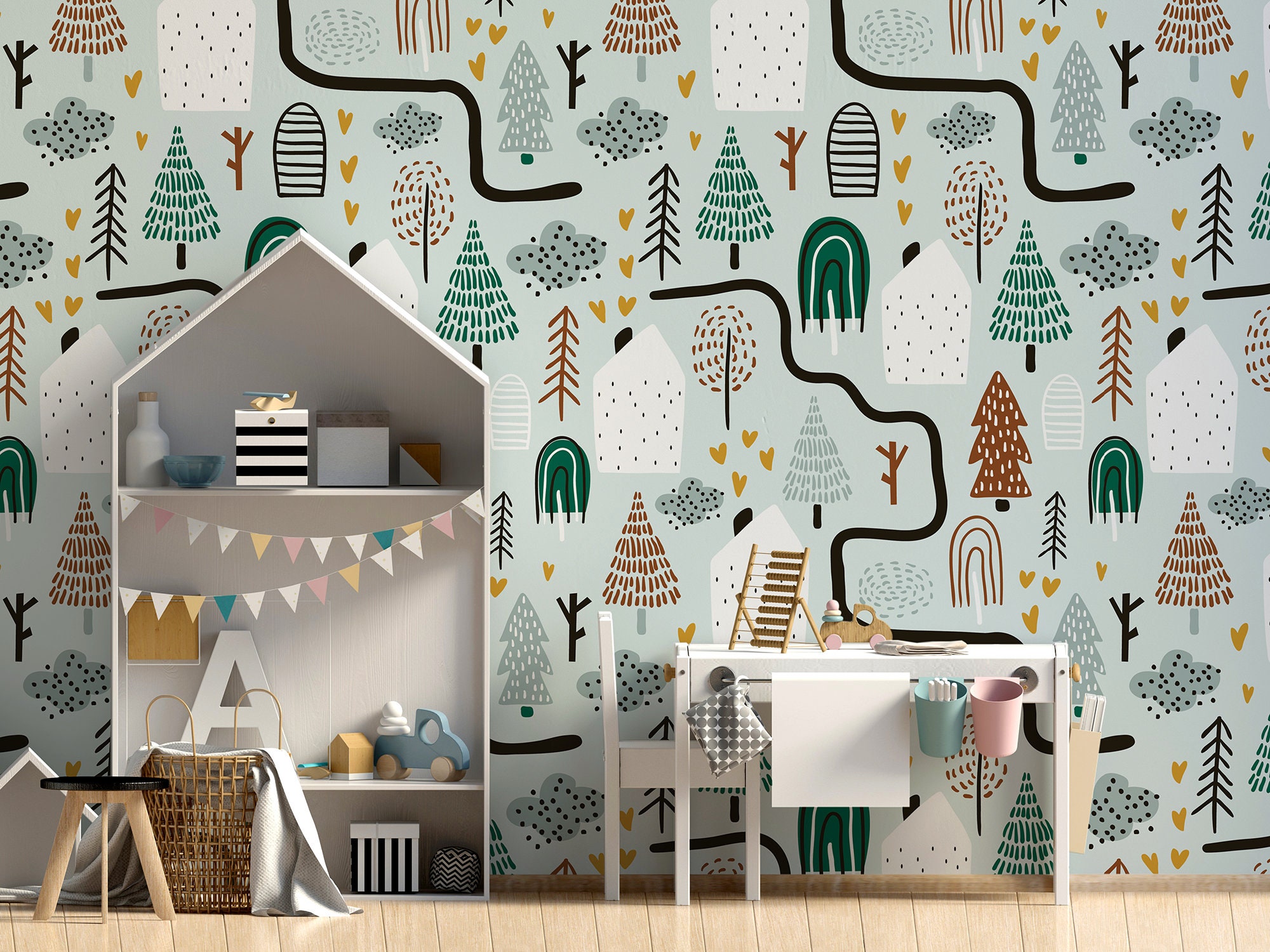 Forest map pattern wallpaper For Kids self adhesive peel | Etsy