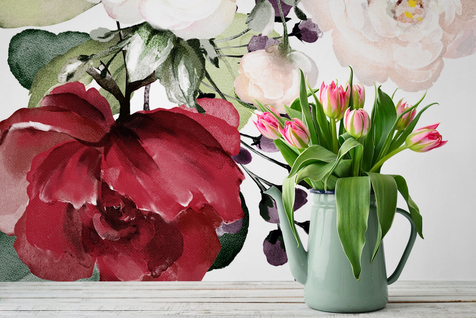 Bouquet wallpaper with red and pink peony flowers self | Etsy