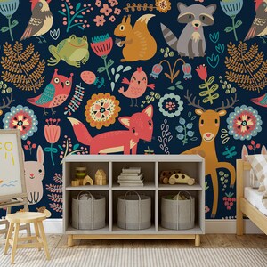 Blue Wallpaper With Colorful Cartoon Animals || for Kids, Self Adhesive ...
