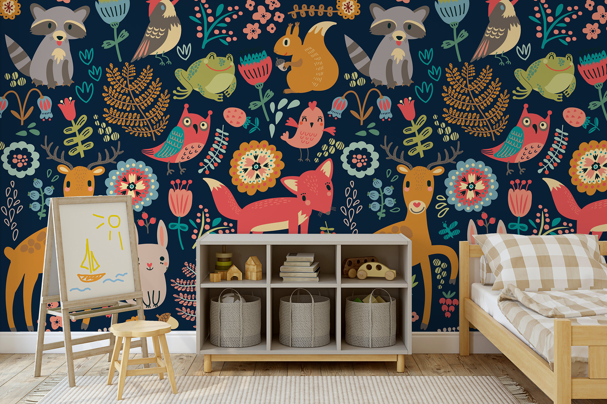 Blue Wallpaper With Colorful Cartoon Animals for Kids Self - Etsy