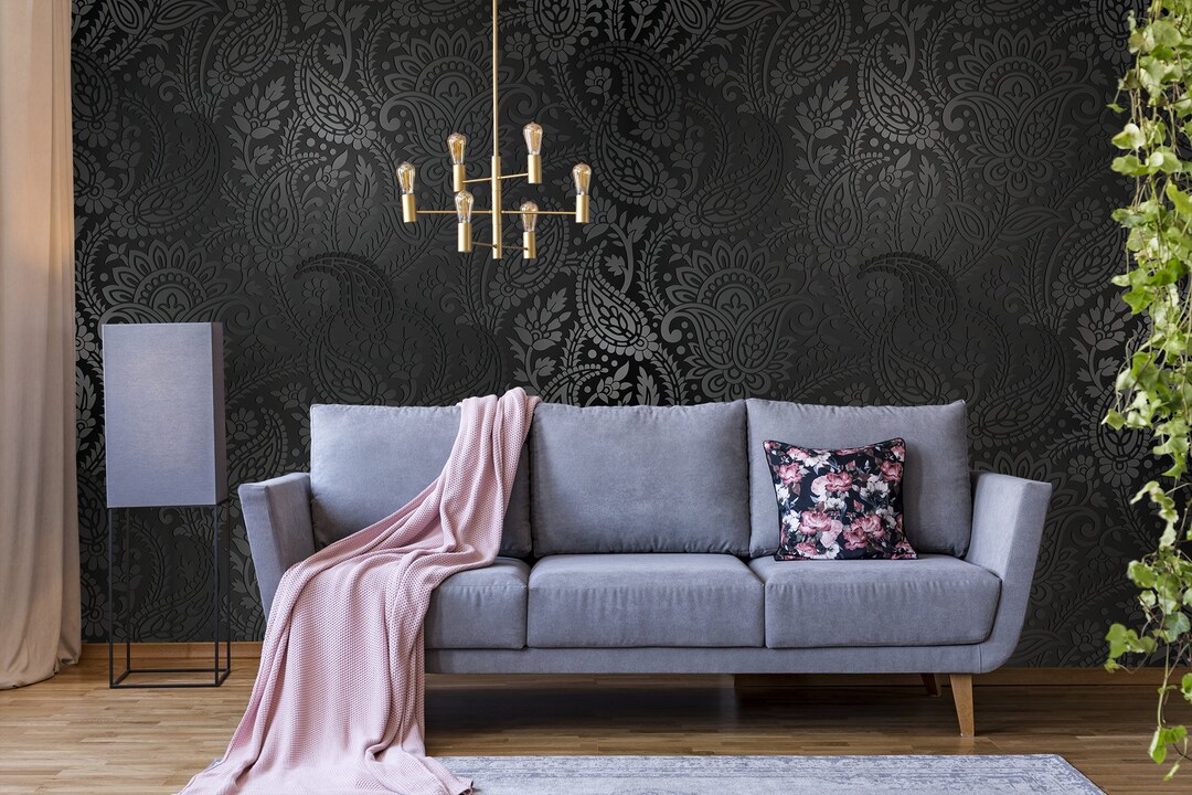 Dark Gothic Art Deco Ethnic Floral Ornamental Pattern Wallpaper, Self ...
