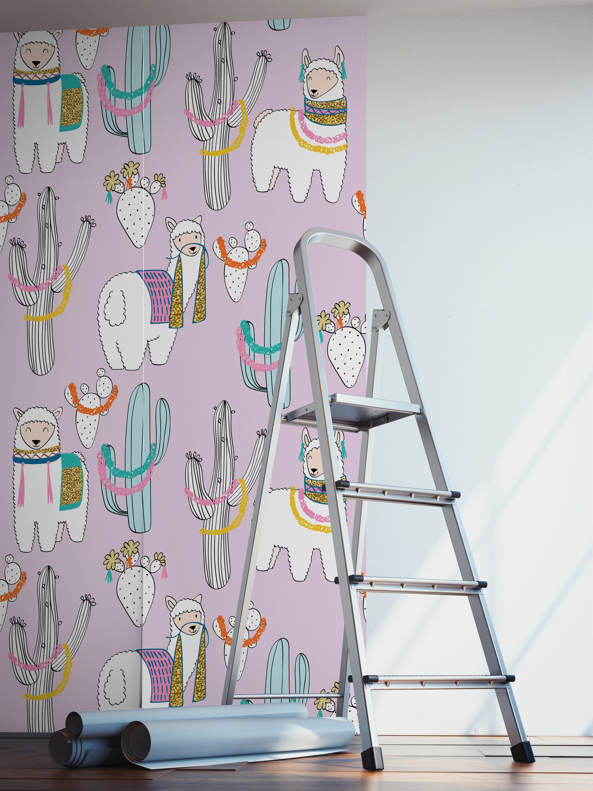 Lilac Wallpaper With Alpacas and Cactuses || for Kids, Self Adhesive ...